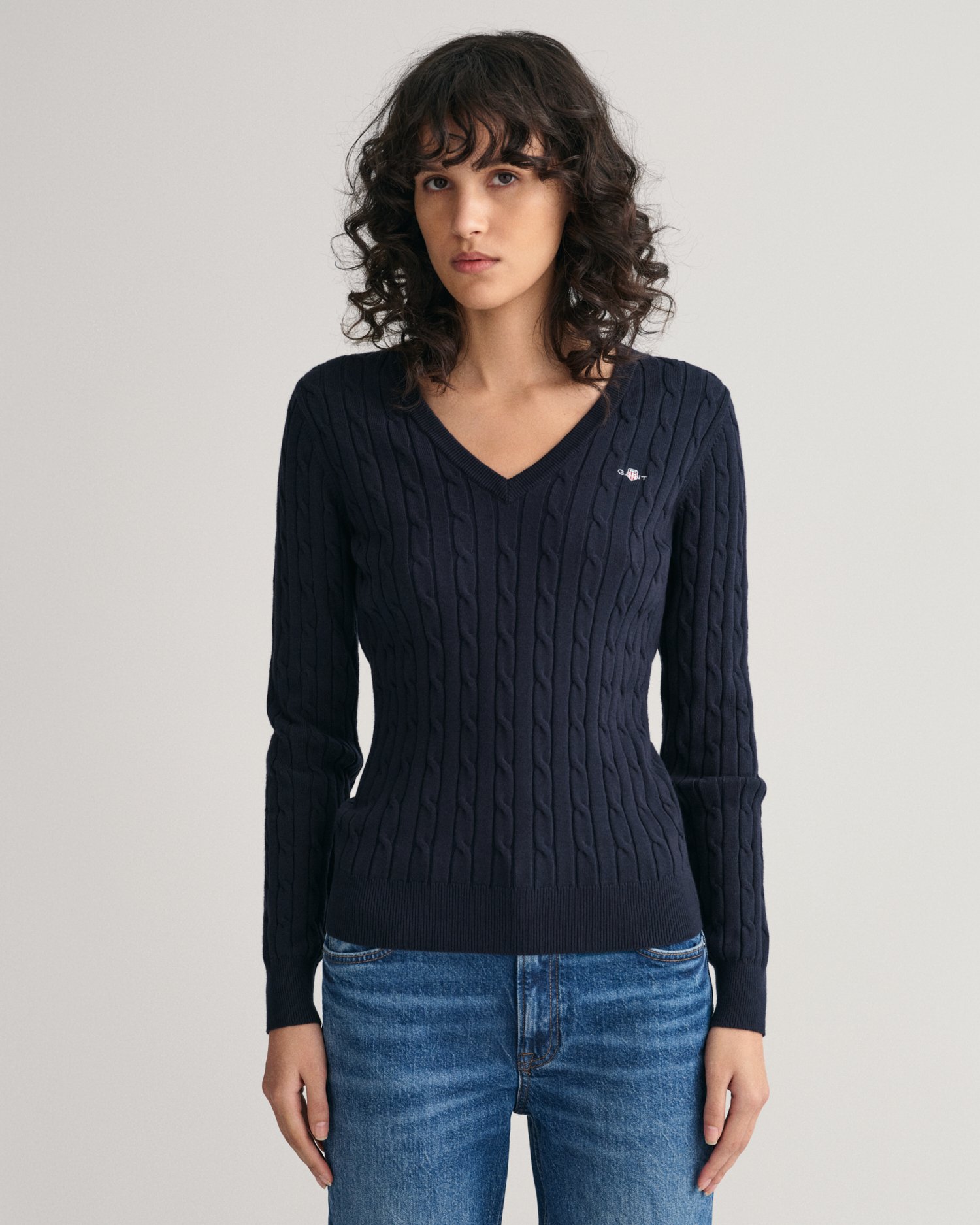 Stretch Cotton Cable Knit V-Neck Sweater - GANT
